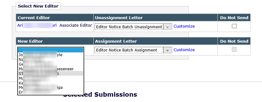 How can I reassign multiple submissions from one editor to another in Editorial Manager ...